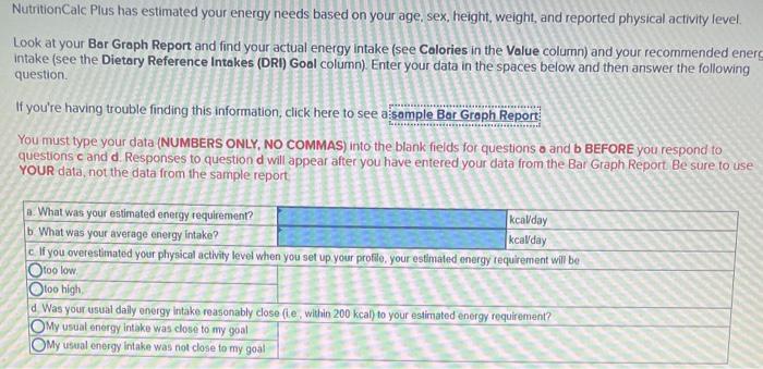NutritionCalc Plus has estimated your energy needs | Chegg.com