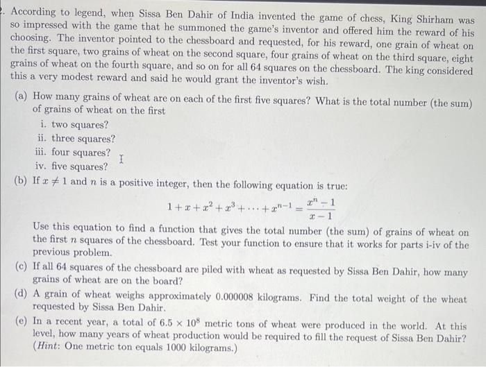 Solved According to legend, when Sissa Ben Dahir of India | Chegg.com