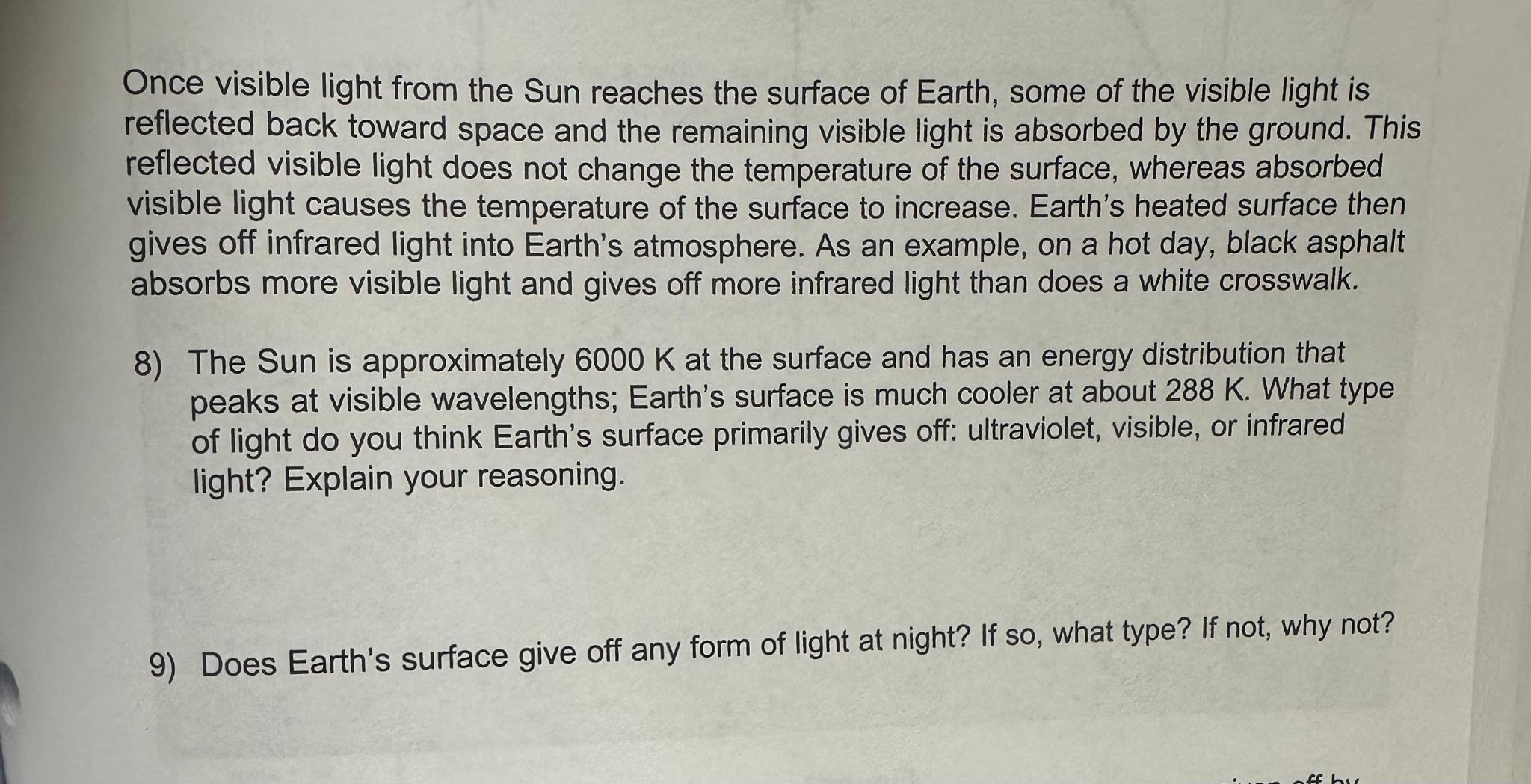 Solved Once visible light from the Sun reaches the surface | Chegg.com