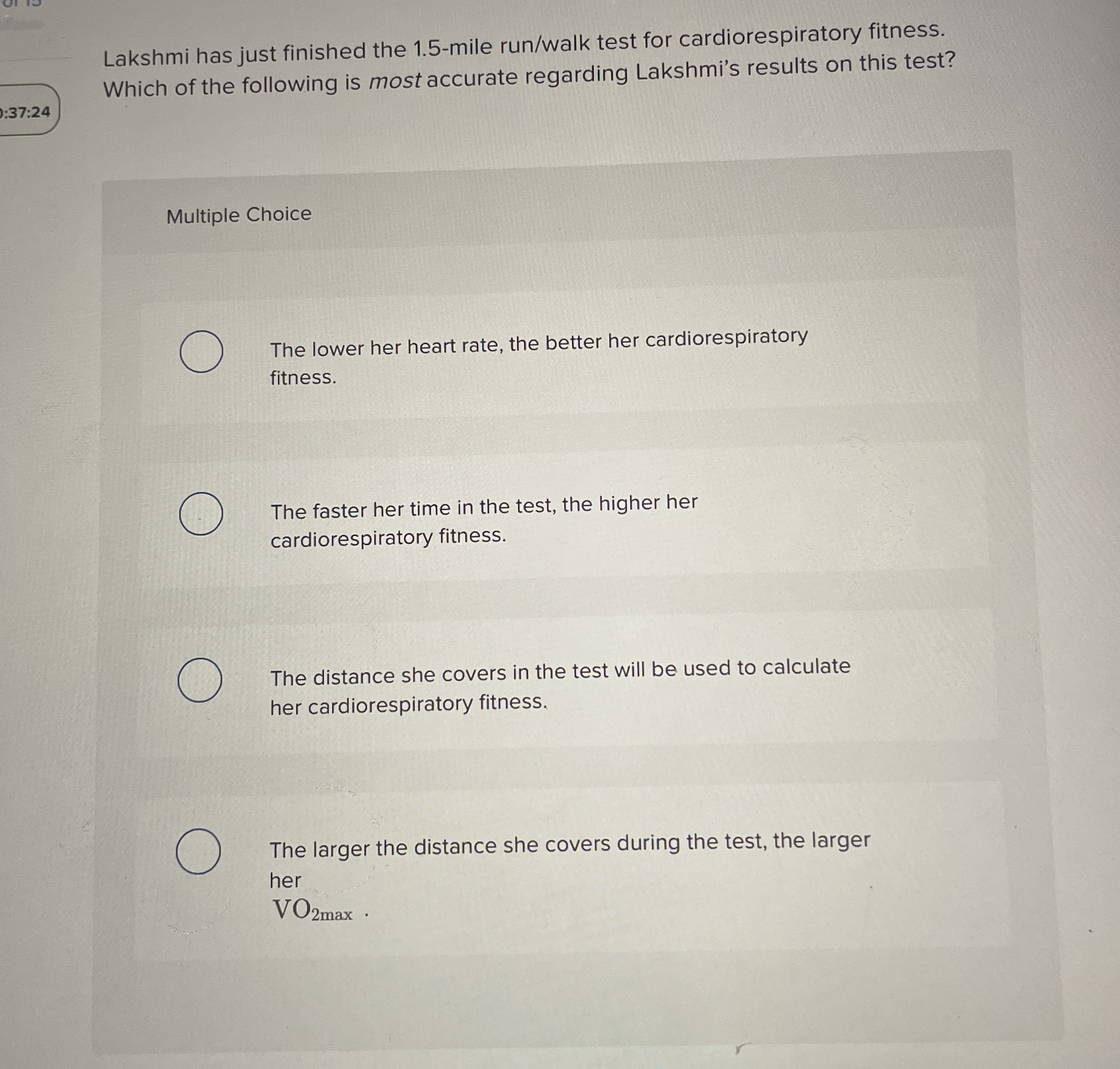Solved Lakshmi has just finished the 1.5-mile run/walk test | Chegg.com