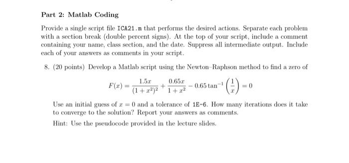 Solved Part 2 Matlab Coding Provide A Single Script File 1583