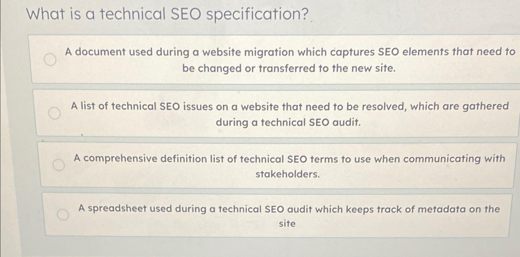 Solved What is a technical SEO specification?A document used | Chegg.com