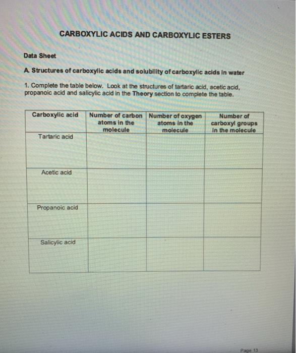 Solved CARBOXYLIC ACIDS AND CARBOXYLIC ESTERS Data Sheet A | Chegg.com