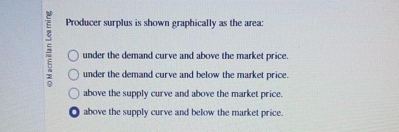 Solved Producer surplus is shown graphically as the | Chegg.com