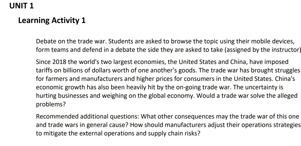 Solved UNIT 1 Learning Activity 1 Debate on the trade war. | Chegg.com