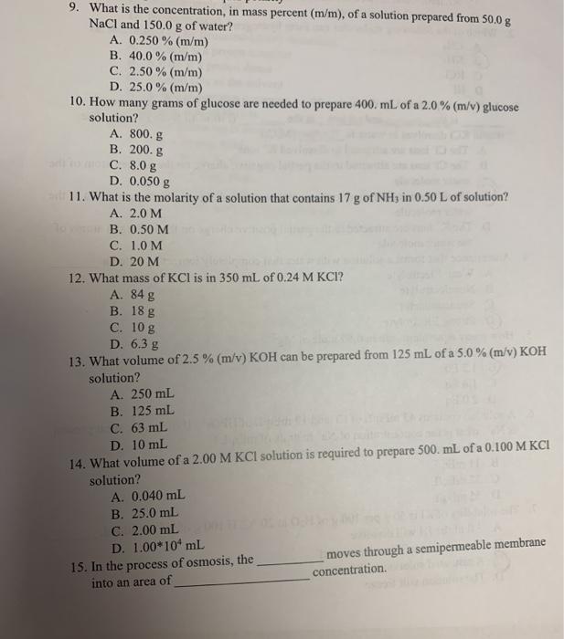 Solved 9. What is the concentration, in mass percent (m/m), | Chegg.com