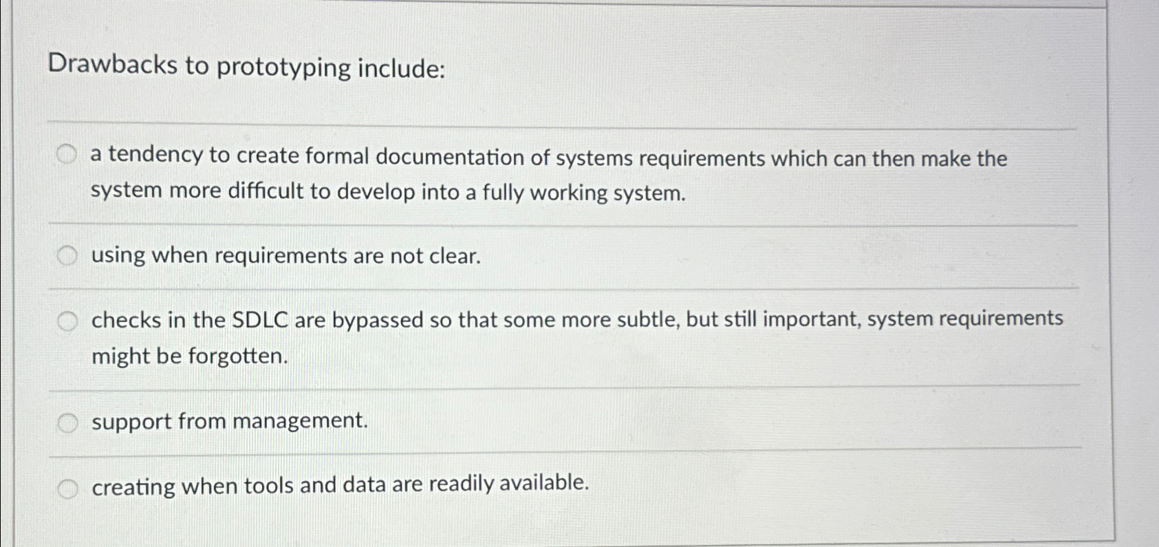 Solved Drawbacks to prototyping include:a tendency to create | Chegg.com