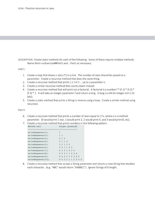 Solved DESCRIPTION: Create static methods for each of the | Chegg.com