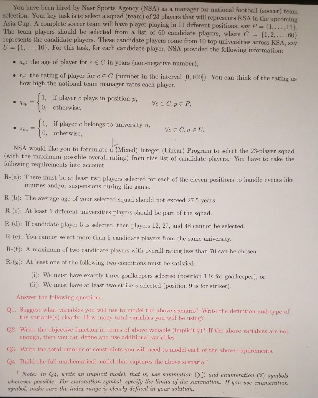 Solved selection. Your key task is to select a squad (team) | Chegg.com