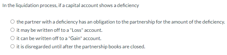 Solved In the liquidation process, if a capital account | Chegg.com