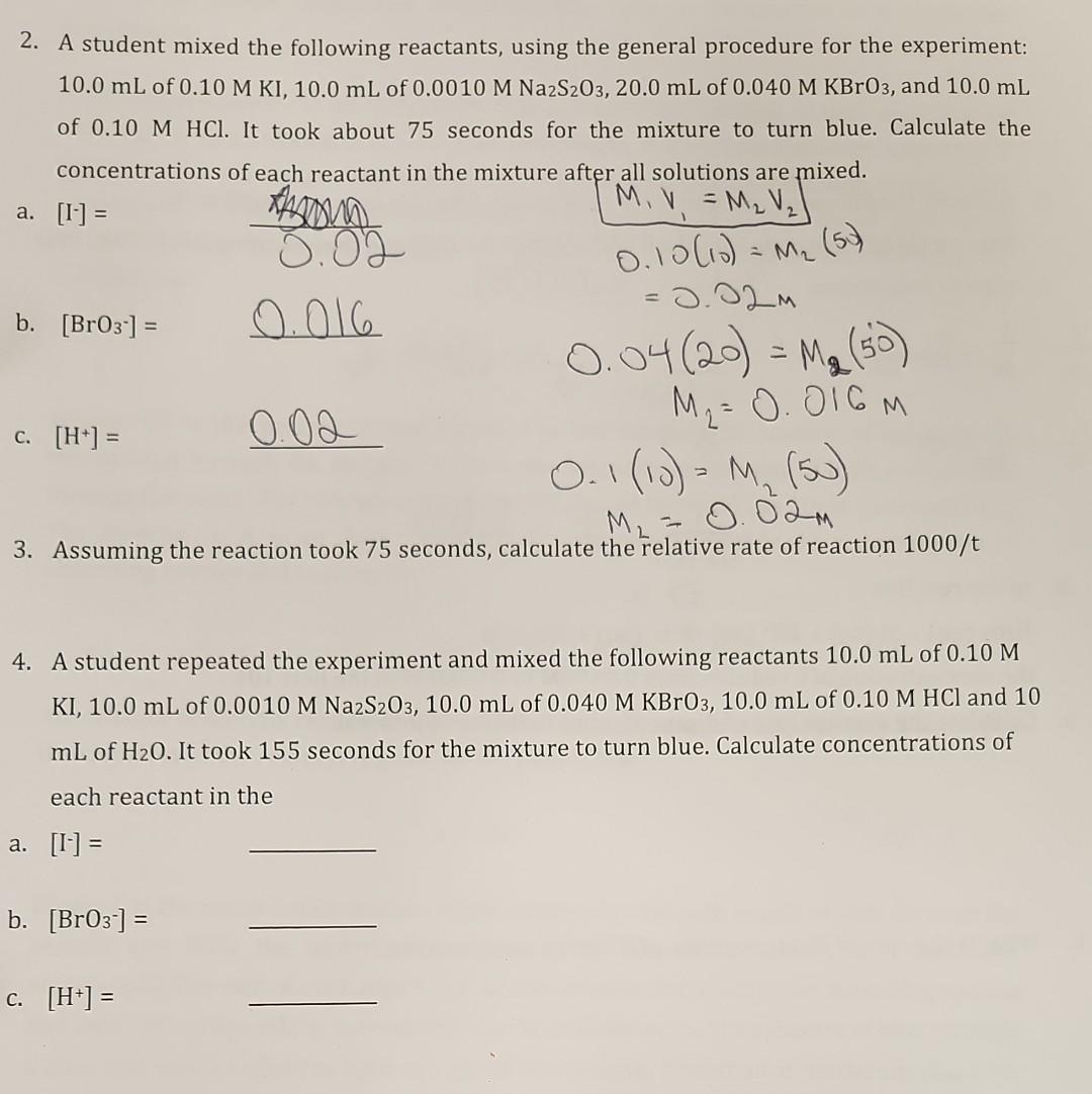 Solved 2. A student mixed the following reactants, using the | Chegg.com