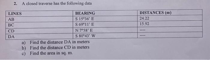 Solved 2. A closed traverse has the following data a) Find | Chegg.com