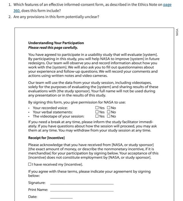 Which features of an effective informed-consent form, | Chegg.com