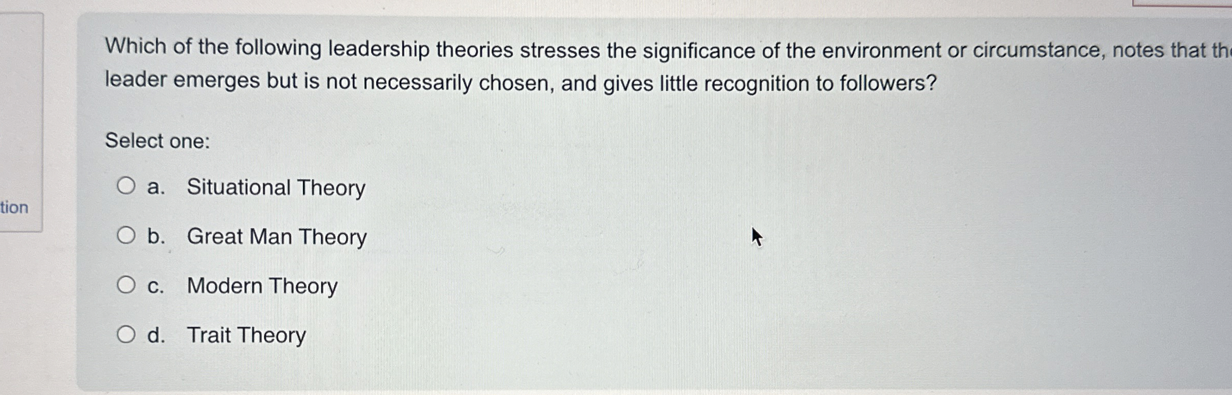 Solved Which of the following leadership theories stresses | Chegg.com