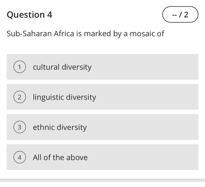 Solved Question 4 (-12 -- /2 Sub-Saharan Africa is marked by | Chegg.com