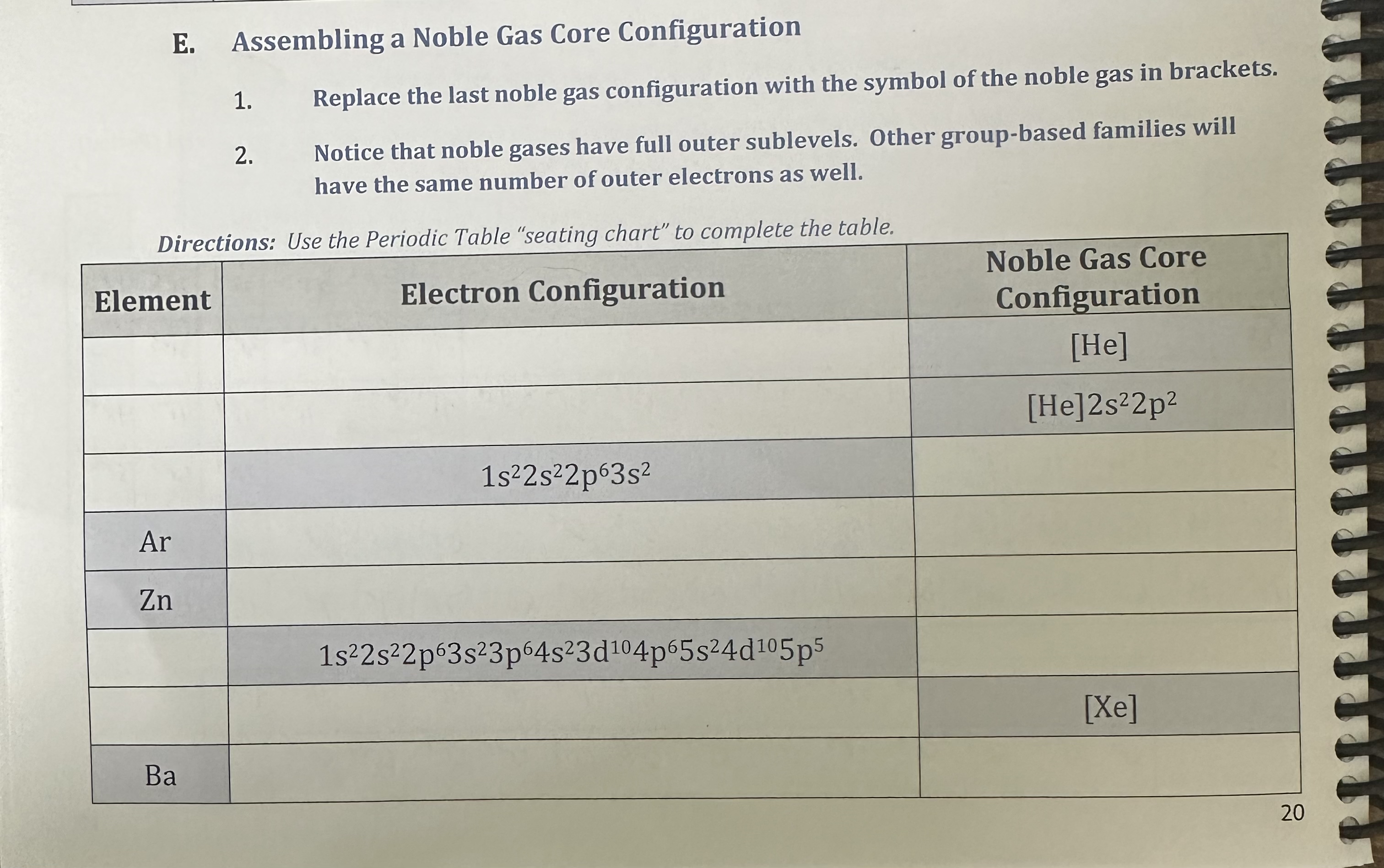 Solved E. ﻿Assembling a Noble Gas Core ConfigurationReplace | Chegg.com