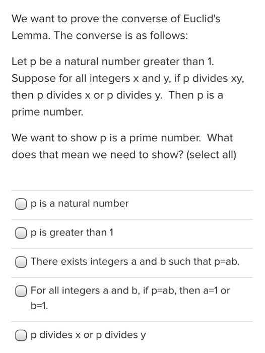 Solved Euclid's Lemma states: If p is a prime number then | Chegg.com