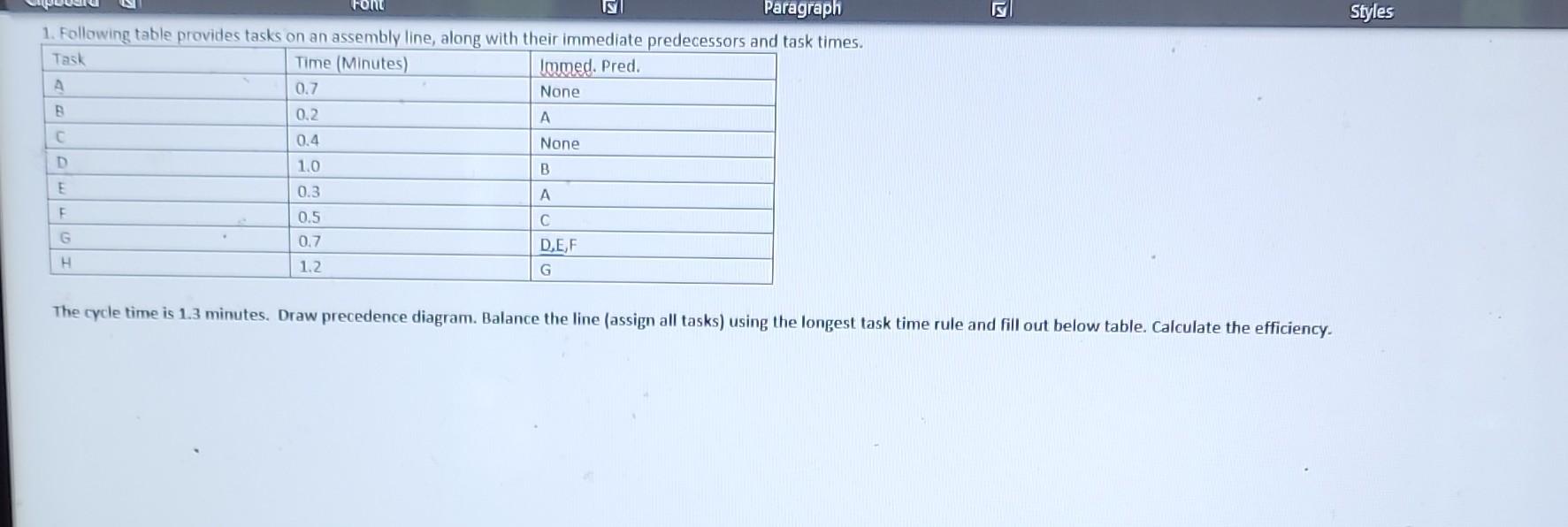 Solved The cycle time is 1.3 minutes. Draw precedence | Chegg.com