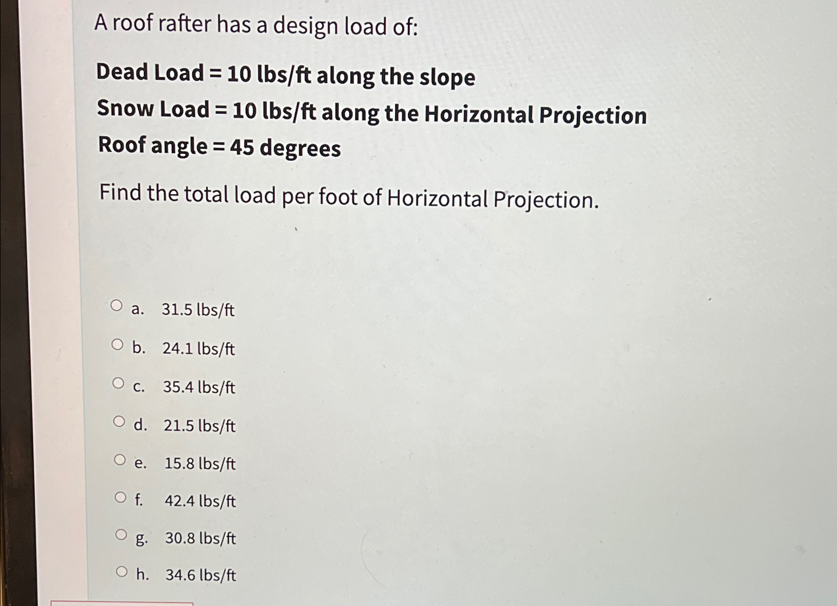 Solved A roof rafter has a design load of:Dead Load | Chegg.com