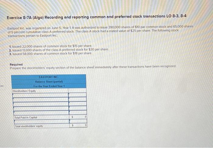 Solved Exercise 8-7A (Algo) Recording and reporting common | Chegg.com