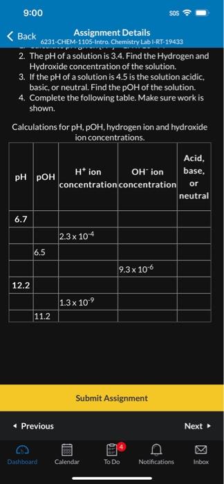 Solved Calculations for pH,pOH, hydrogen ion and hydroxide | Chegg.com