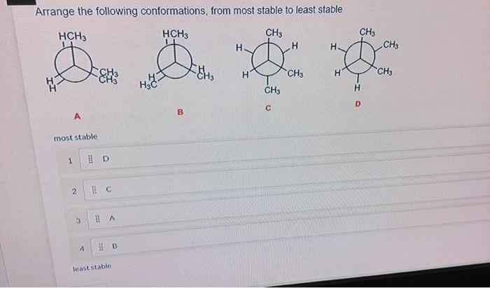 Solved Arrange the following conformations, from most stable | Chegg.com