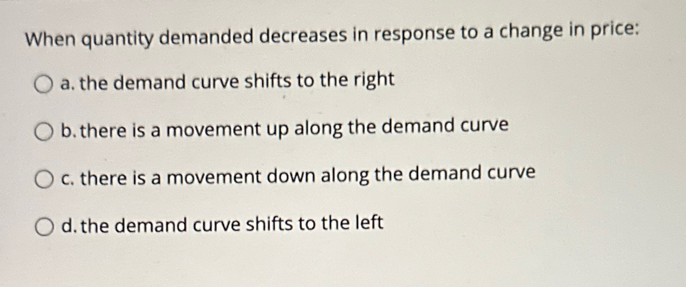 Solved When quantity demanded decreases in response to a | Chegg.com