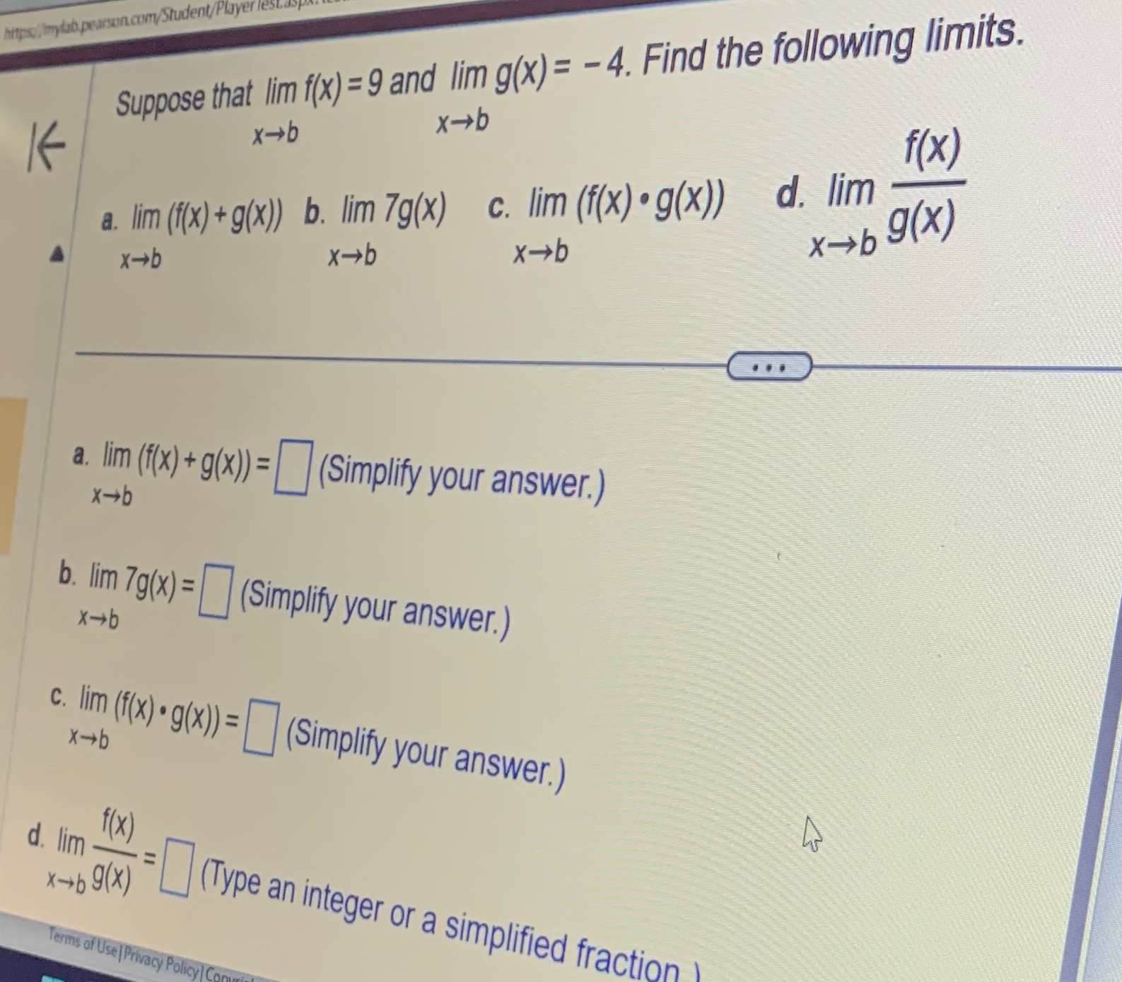 Solved Suppose that lim?f(x)=9 ﻿and lim?g(x)=-4. ﻿Find the | Chegg.com