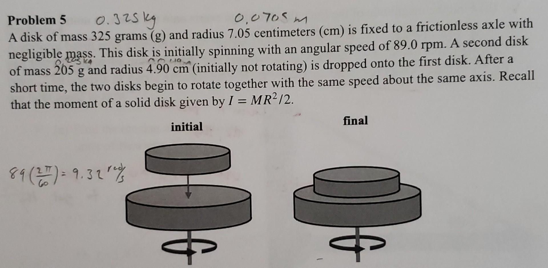 Solved Problem 50.325 kg A disk of mass 325 grams (g) and | Chegg.com