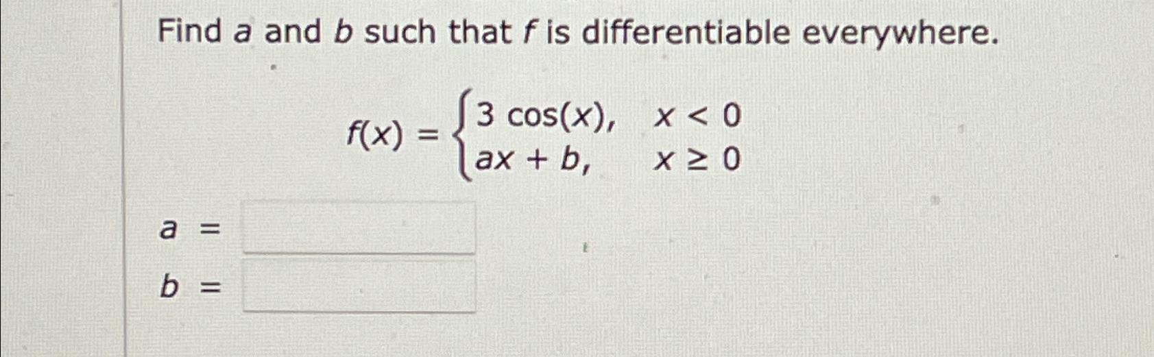 Solved Find a and b ﻿such that f ﻿is differentiable | Chegg.com