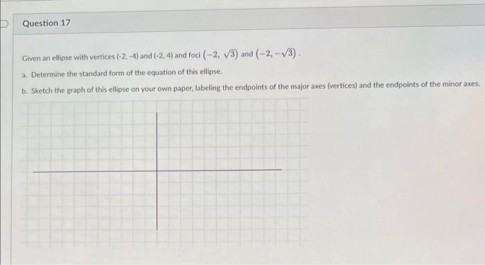 Solved Given an ellipse with vertices (−2,−4) and (−2,4) and | Chegg.com