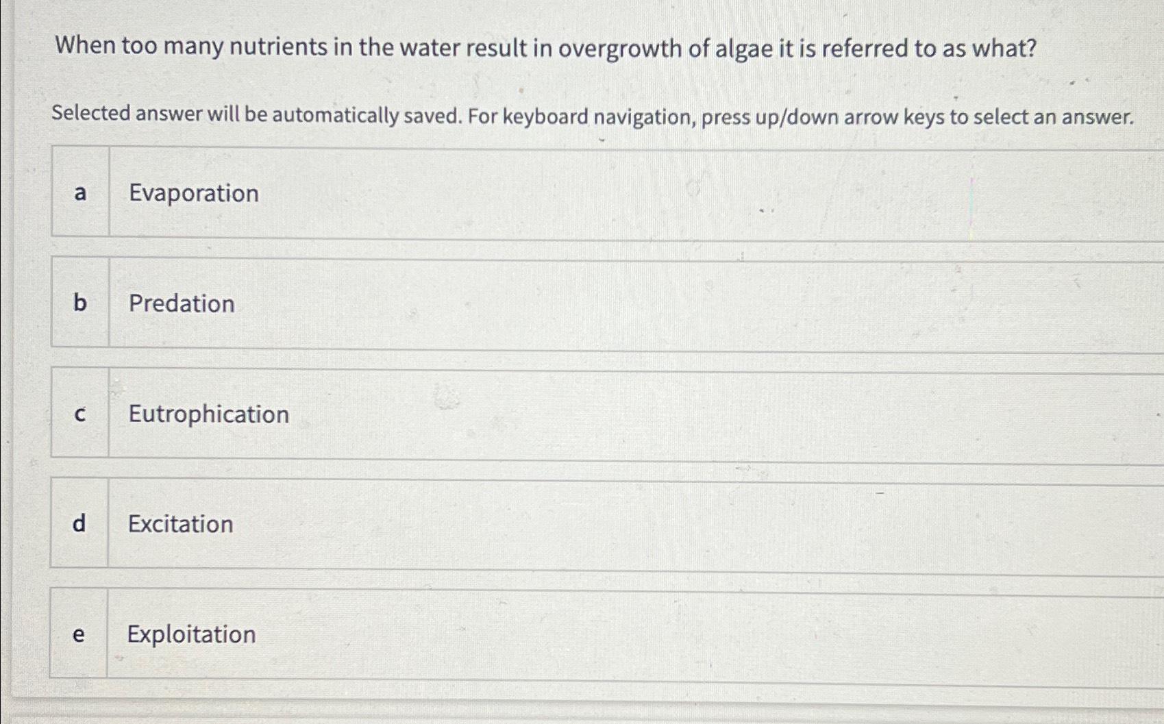 Solved When too many nutrients in the water result in | Chegg.com