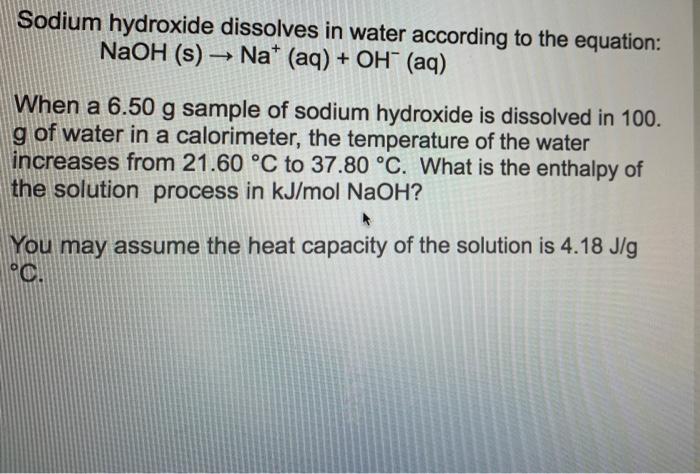 Solved Sodium hydroxide dissolves in water according to the | Chegg.com