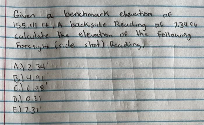 Solved Given a benchmark elevation of 155.41 ft, A backside | Chegg.com