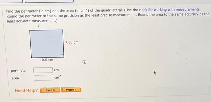Solved Find the perimeter (in cm ) and the area (in cm2 ) of | Chegg.com