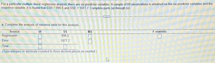 Solved For a particular multiple linear regression analysis | Chegg.com