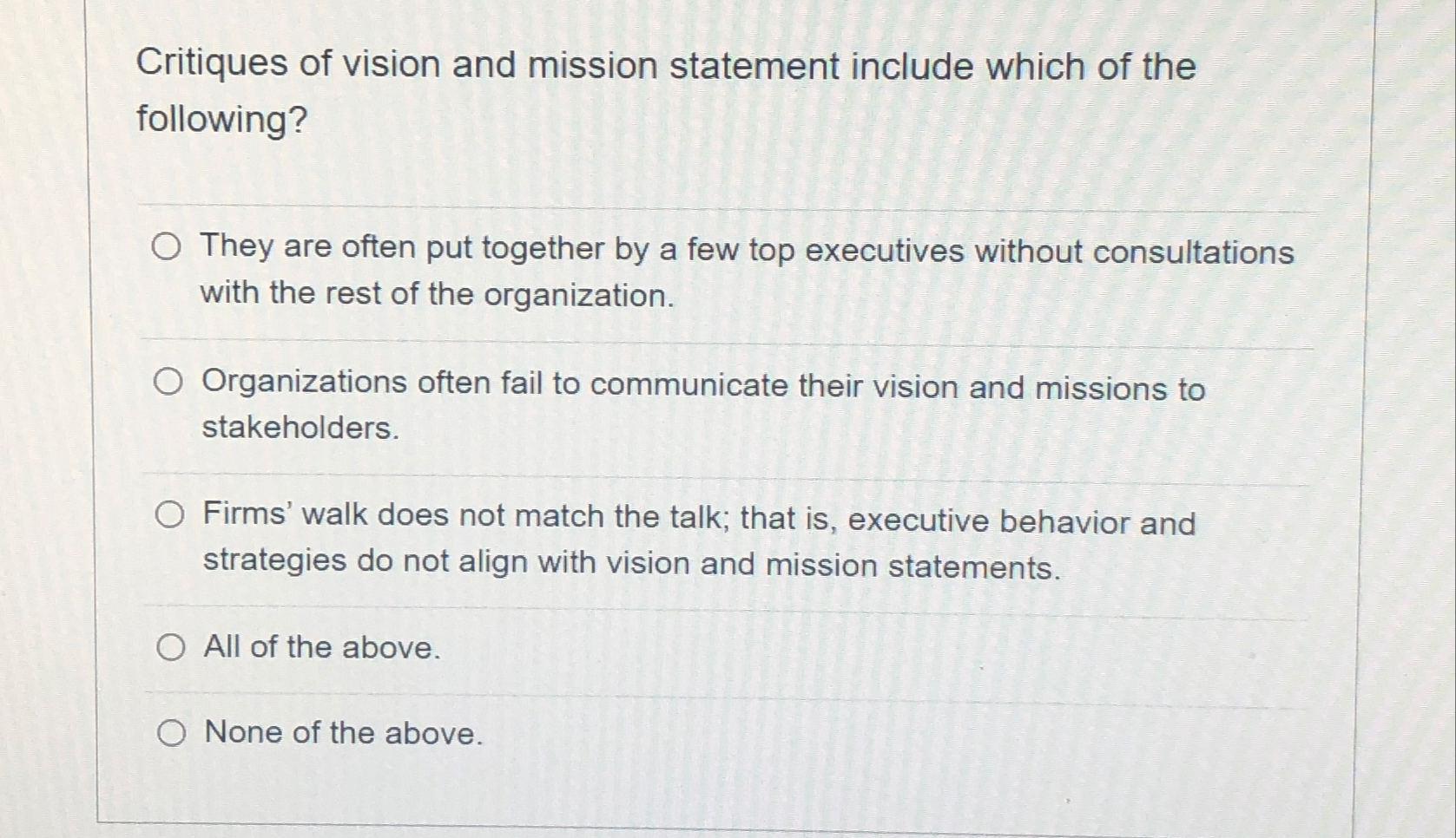 Solved Critiques of vision and mission statement include | Chegg.com