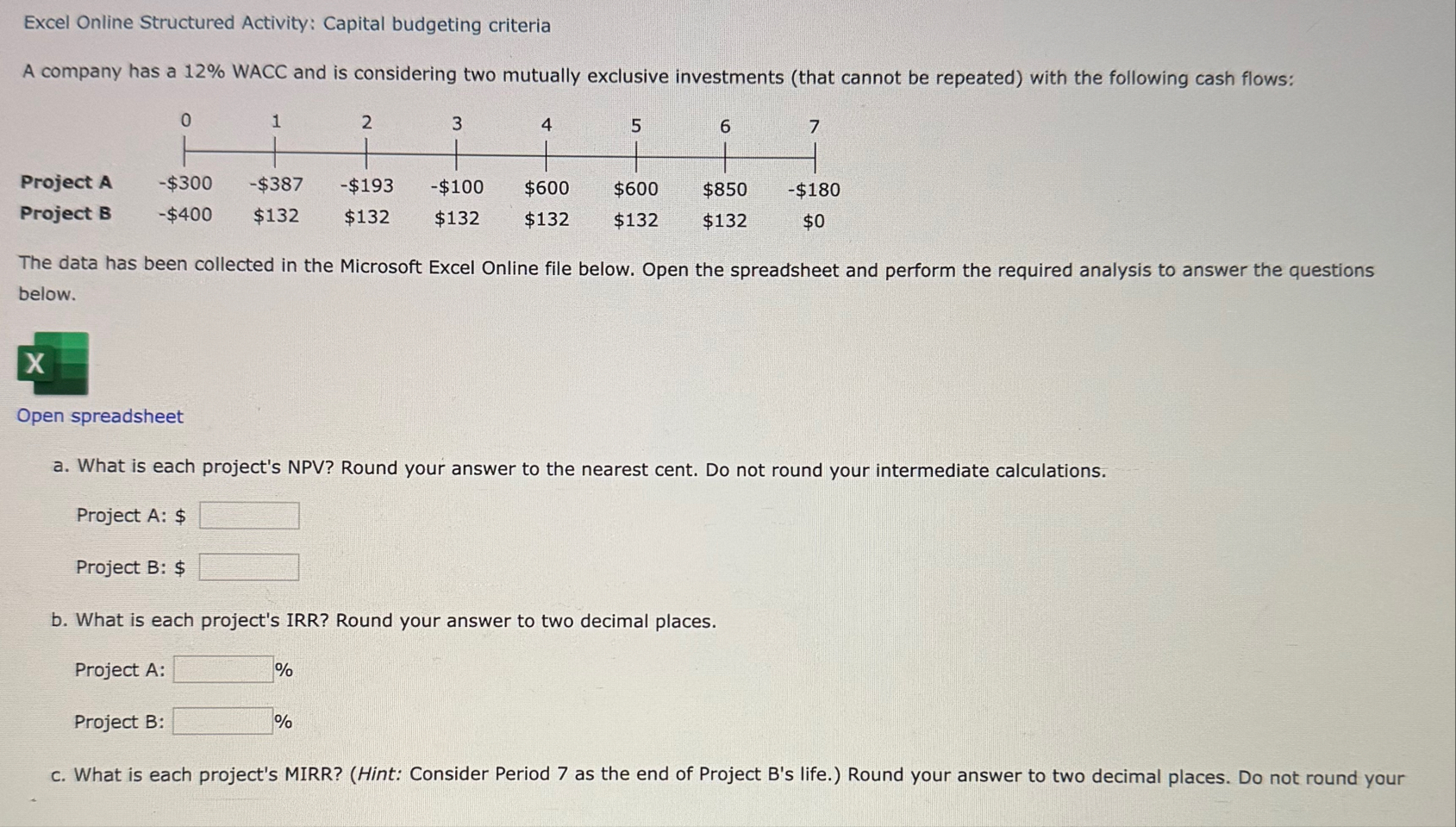Excel Online Structured Activity: Capital budgeting | Chegg.com