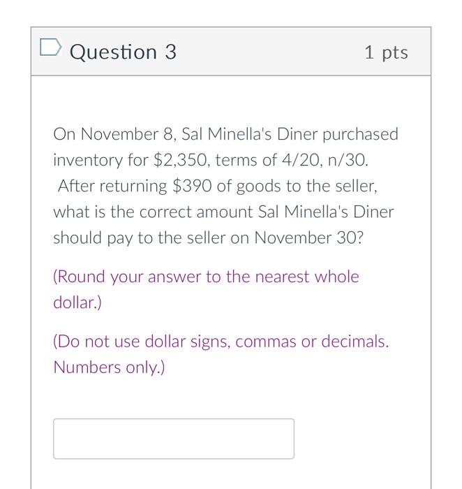 Solved Question 3 1 pts On November 8, Sal Minella's Diner | Chegg.com