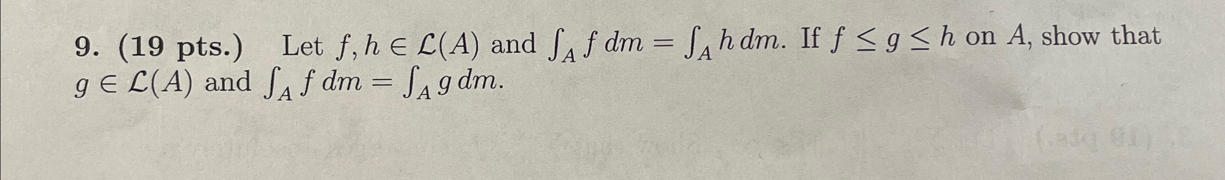 Solved (19 ﻿pts.) ﻿Let f,hinL(A) ﻿and ∫A﻿fdm=∫A﻿hdm. ﻿If | Chegg.com