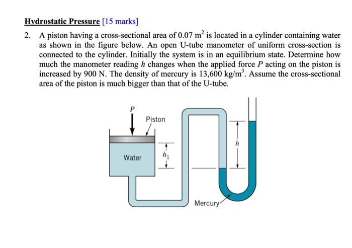 Solved Hydrostatic Pressure [15 marks] A piston having a | Chegg.com