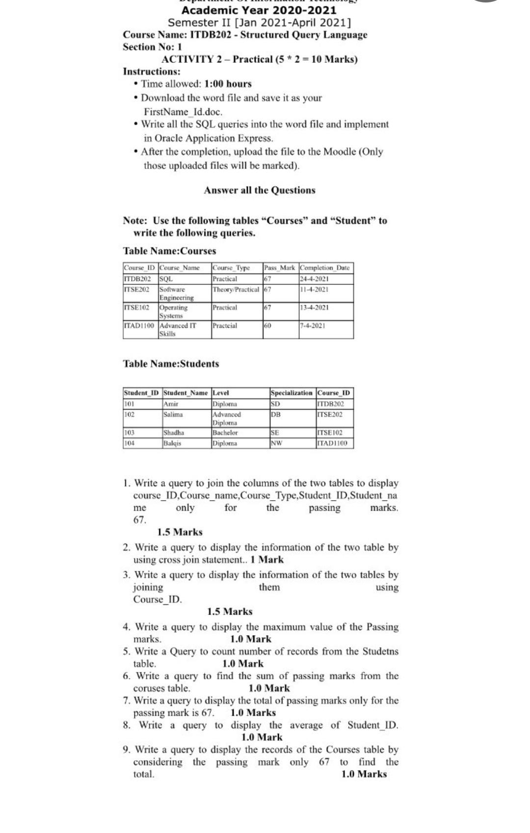 Solved Academic Year 2020-2021 Semester [Jan 2021-April | Chegg.com