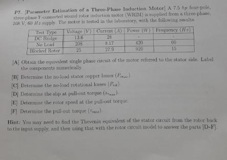 Solved P7. ﻿Parameter Estimation of a Three-Phase Induction | Chegg.com