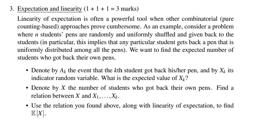 Solved 3 Expectation And Linearity 1 1 1 3 Marks