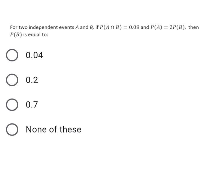 Solved For two independent events A and B, if P(ANB) = 0.08 | Chegg.com