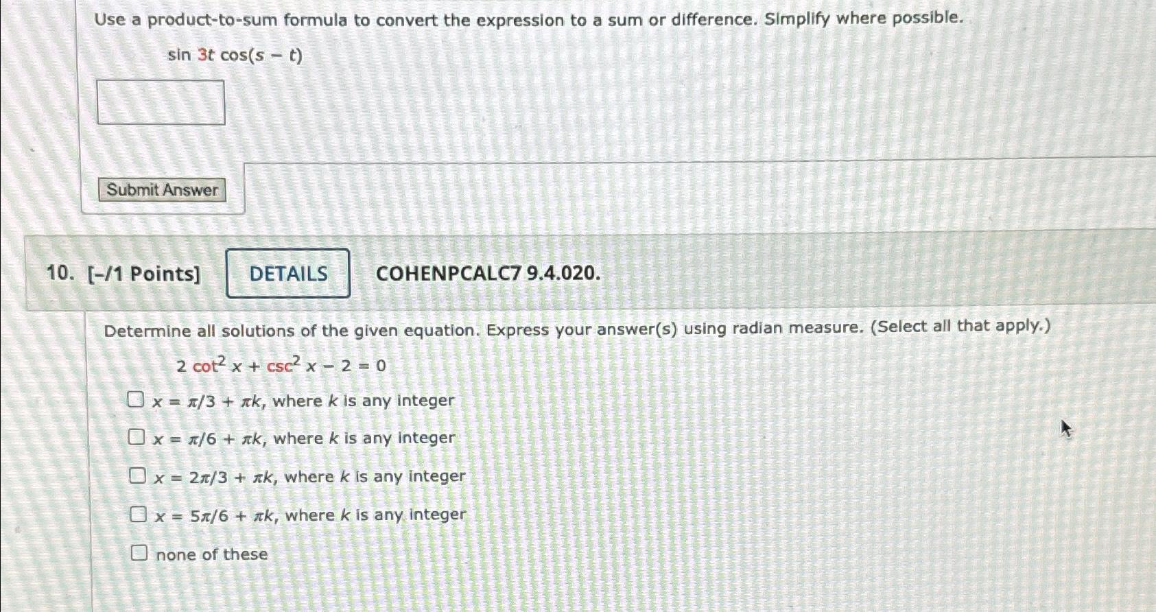 Solved Use a product-to-sum formula to convert the | Chegg.com