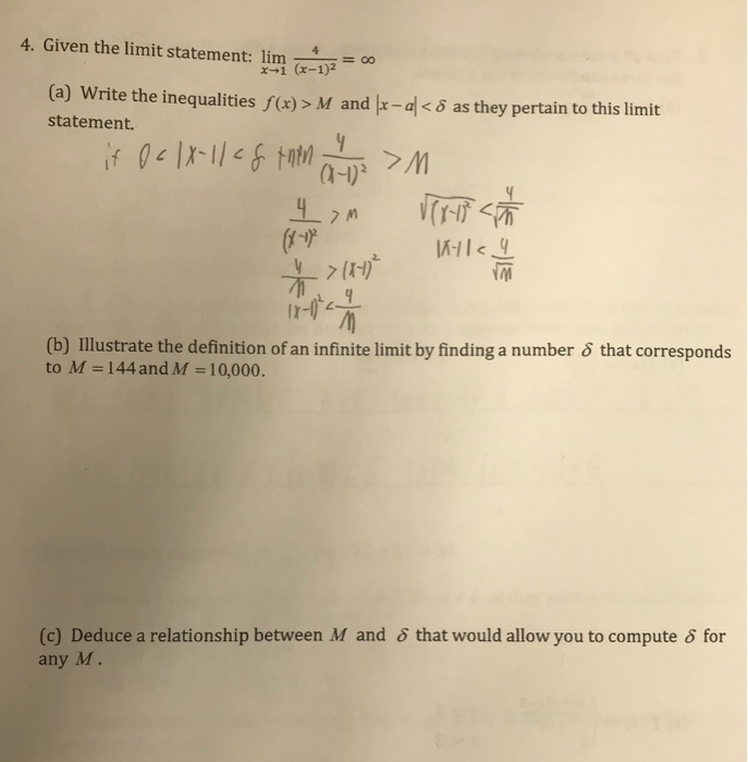 Solved 4. Given the limit statement: lim-1)2 00 4 (a Write | Chegg.com