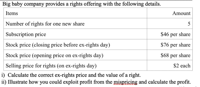 Solved Big baby company provides a rights offering with the | Chegg.com