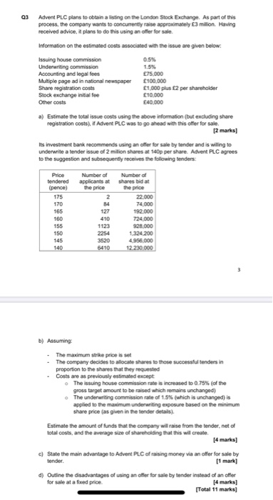 Q3 Advent PLC plans to obtain a listing on the London | Chegg.com