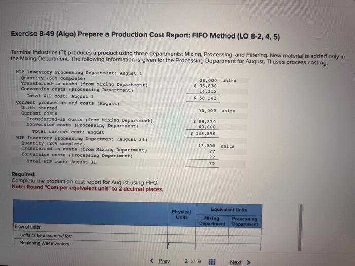 Solved Exercise 8-49 (Algo) Prepare a Production Cost | Chegg.com